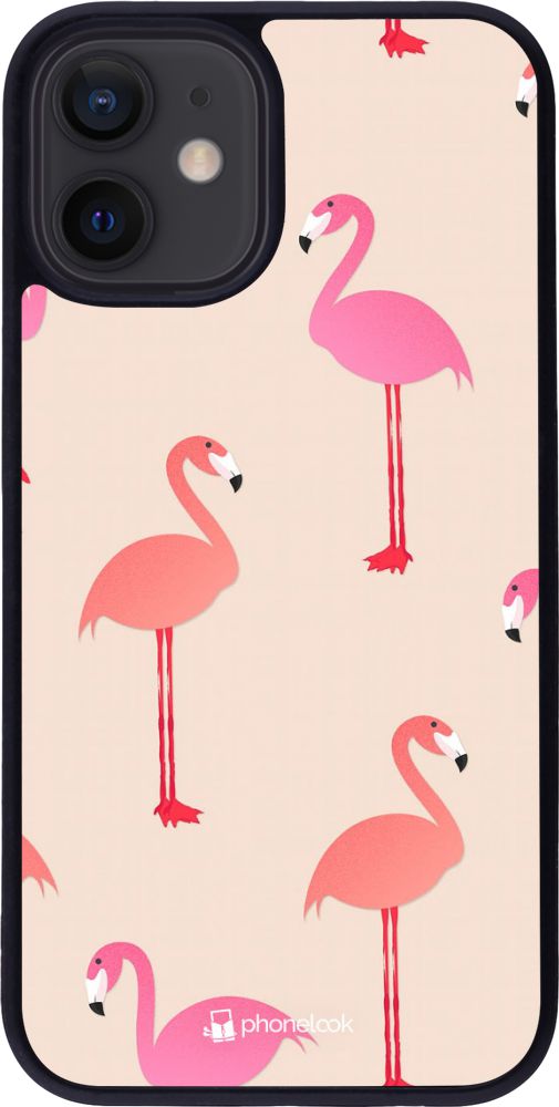Coque iPhone 12 mini - Silicone rigide noir Pink Flamingos Pattern ...