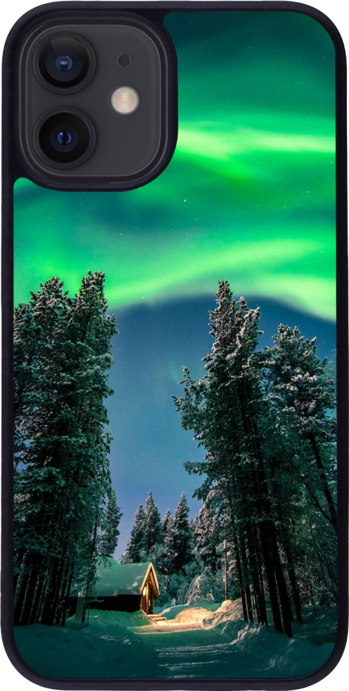 Coque iPhone 12 mini - Silicone rigide noir Winter 22 Northern Lights ...