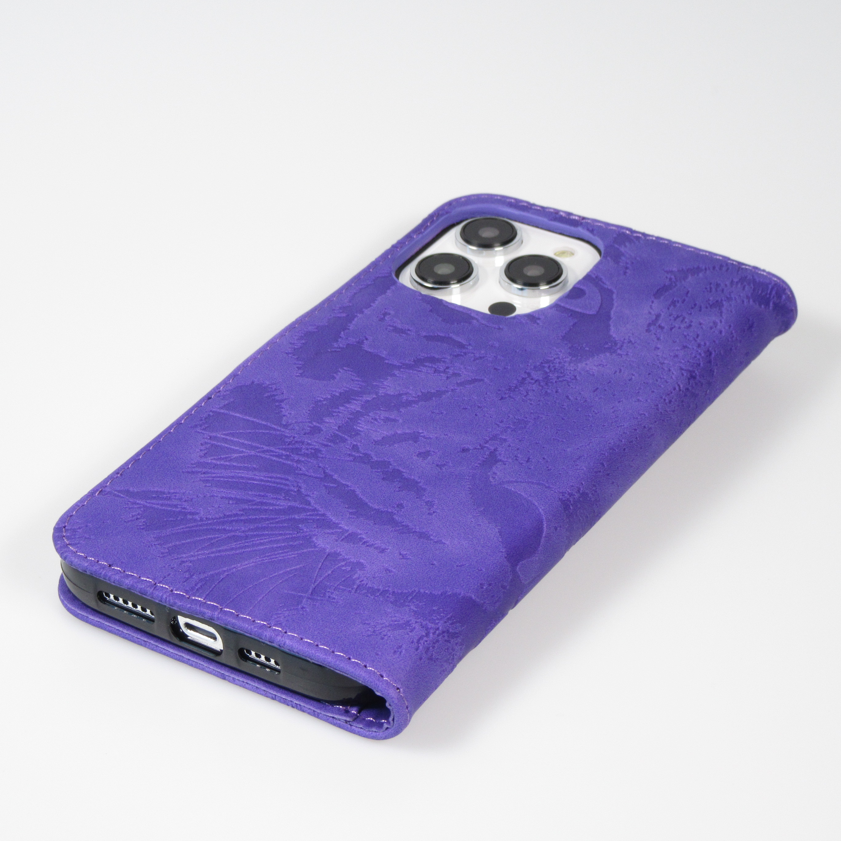 iPhone 14 Pro Case Hülle - 3D Flip Kunstleder Auge des Tigers - Violett ...